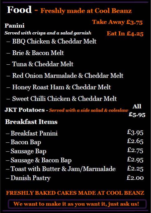 Menu at Cool Beanz Coffee House, Ipswich