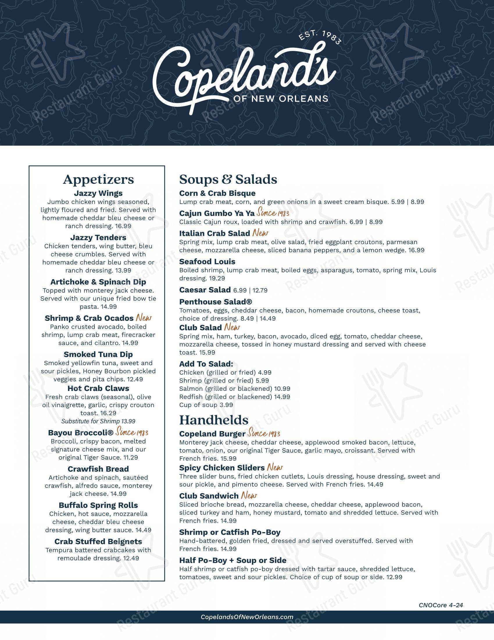 Menu at Copeland's of New Orleans steakhouse, Slidell, Gause Blvd