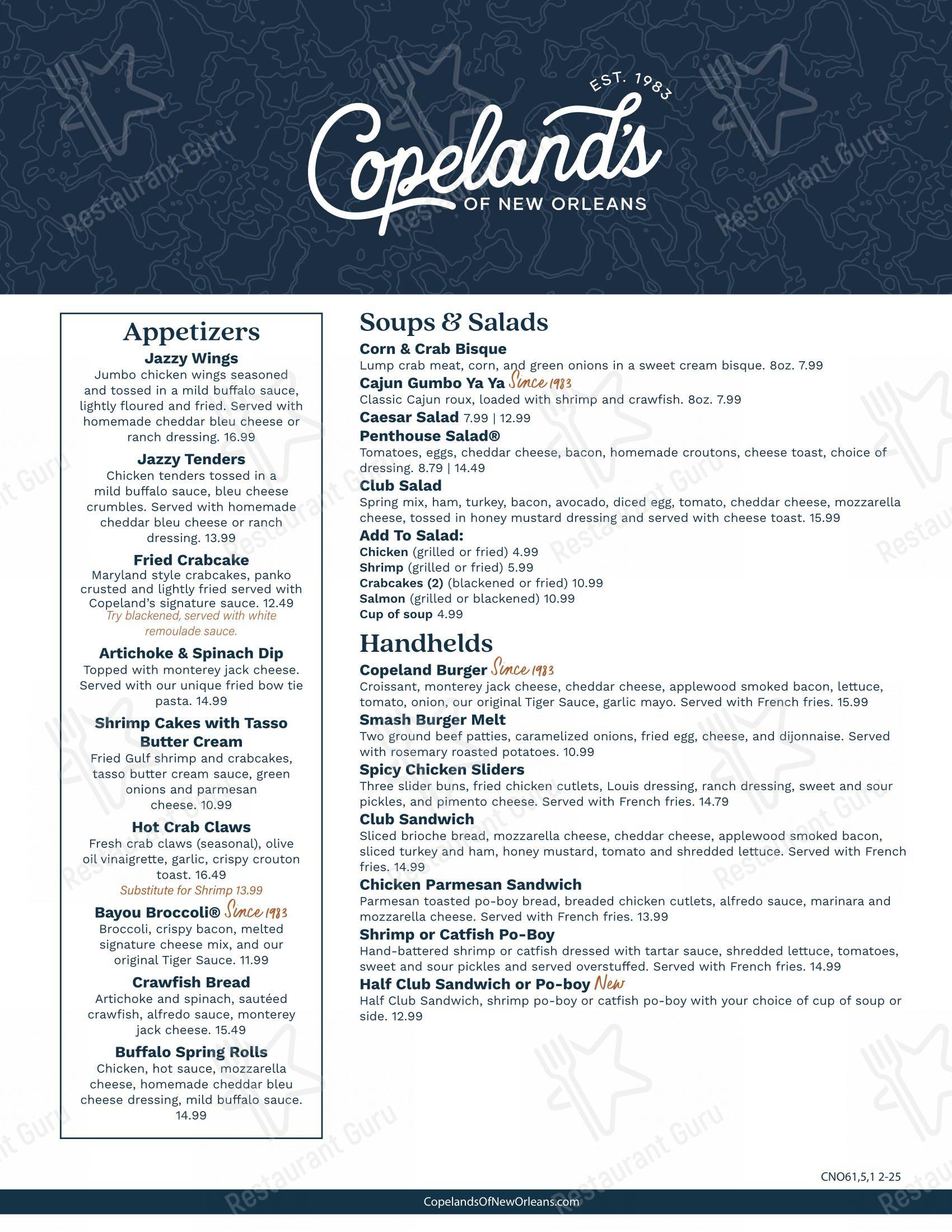 Menu at Copeland's Of New Orleans steakhouse, Slidell, Gause Blvd