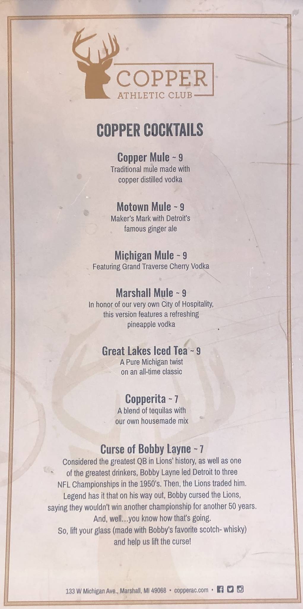Menu at Copper Athletic Club, Marshall