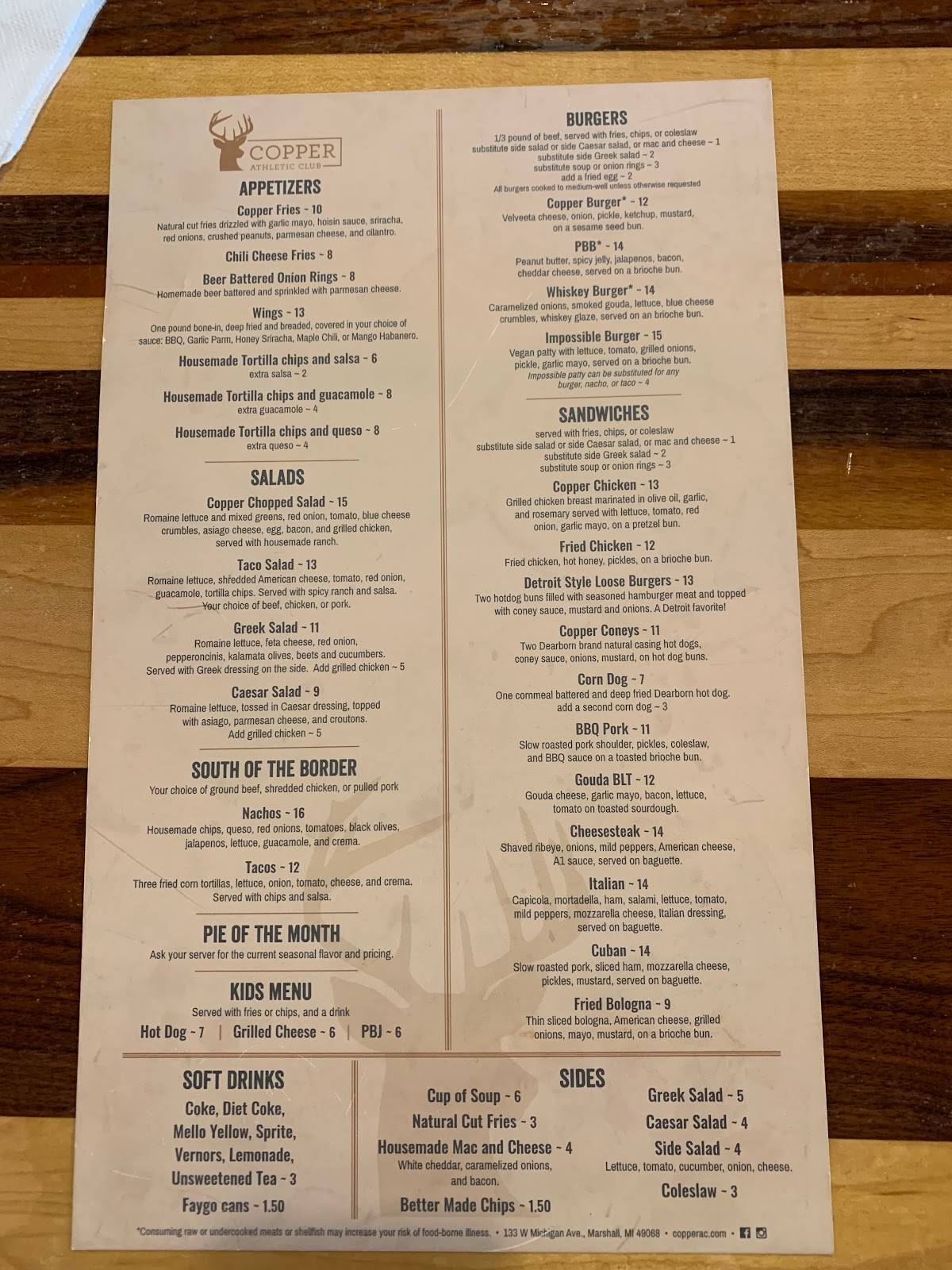 Menu at Copper Athletic Club, Marshall