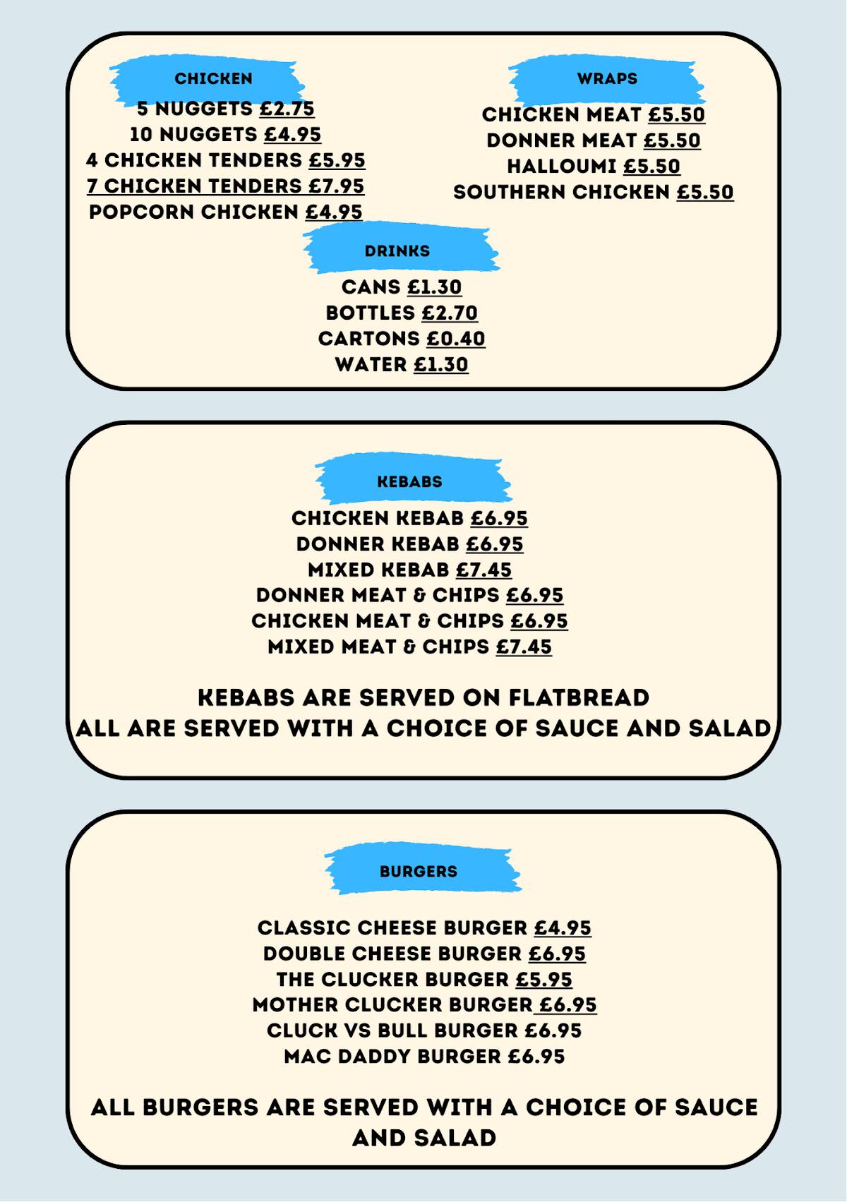 Menu at Coral Reef fast food, Nantwich, 36 Pillory St
