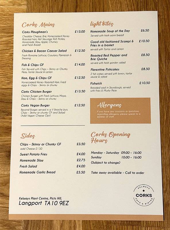 Menu at Corks at Kelways restaurant, Langport