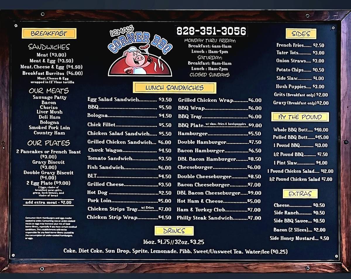 Menu at Irma's Corner BBQ, Rutherfordton
