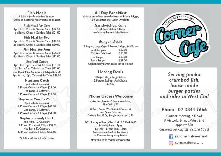 Carta de Corner Cafe & Takeaway, West End