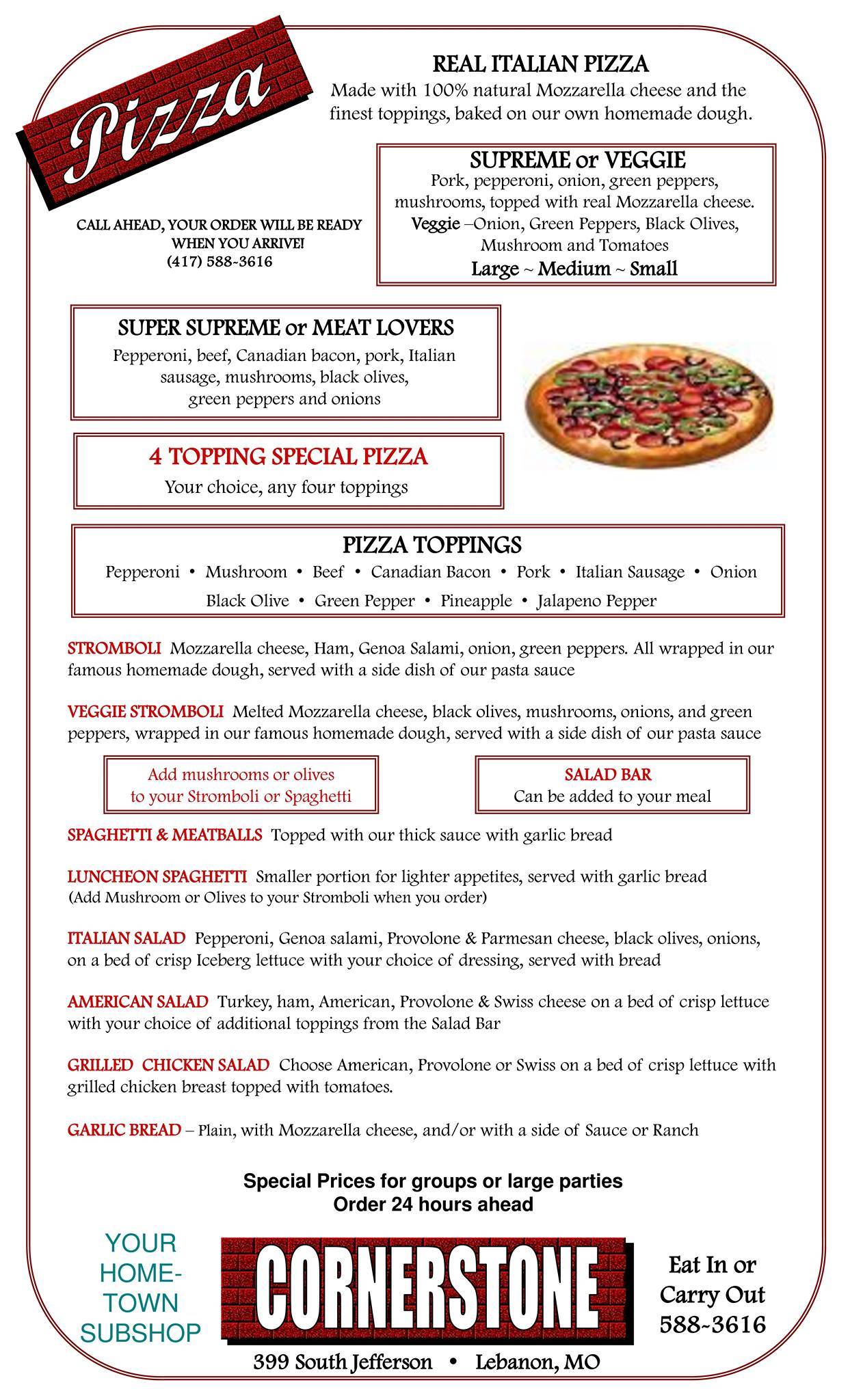 Menu at Cornerstone Subs & Pizza pizzeria, Lebanon
