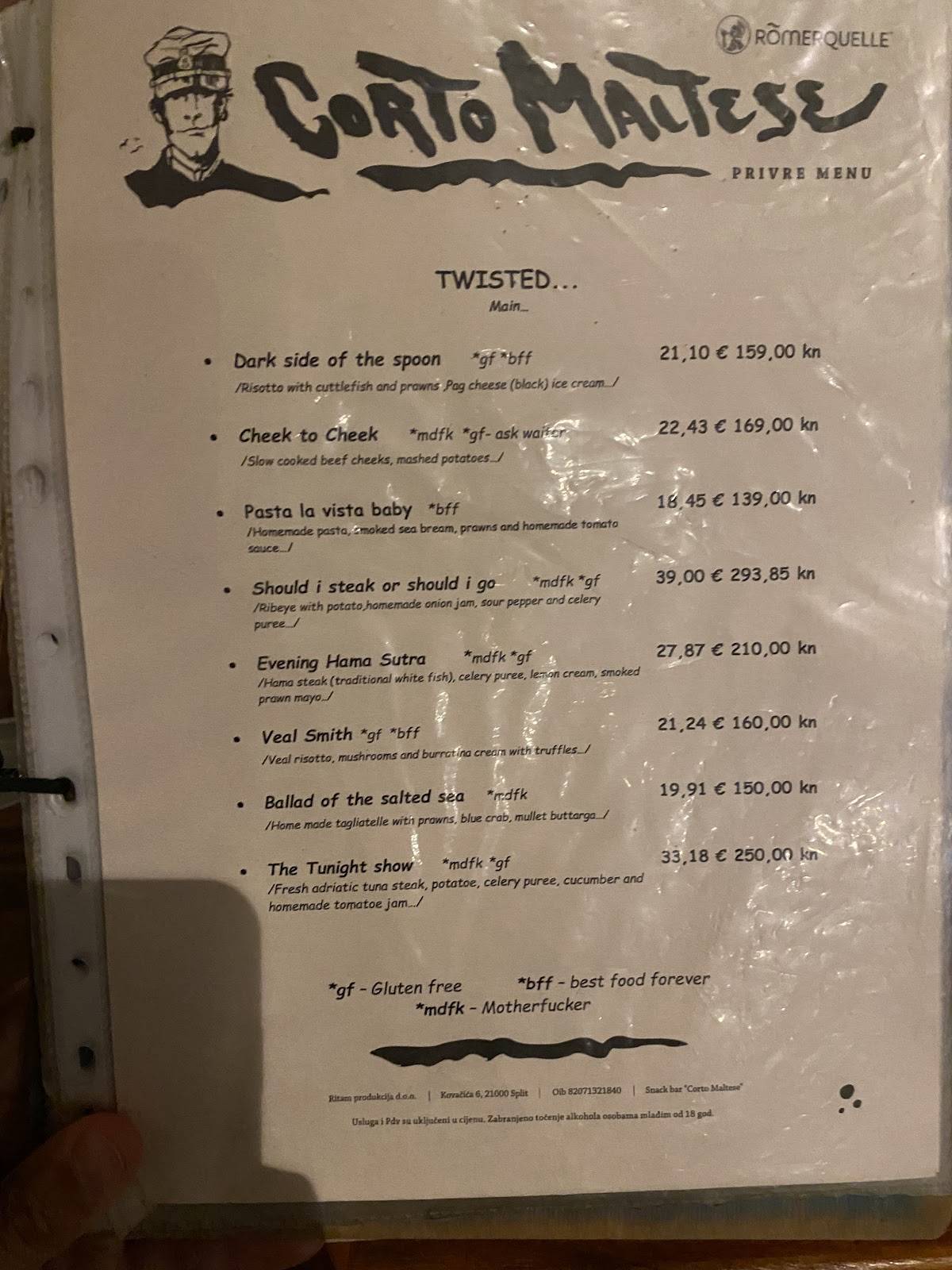Menu at Corto Maltese Freestyle food restaurant, Split, Obrov ul. 7