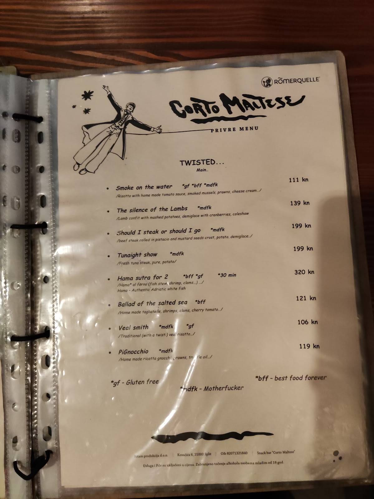 Menu at Corto Maltese Freestyle food restaurant, Split, Obrov ul. 7
