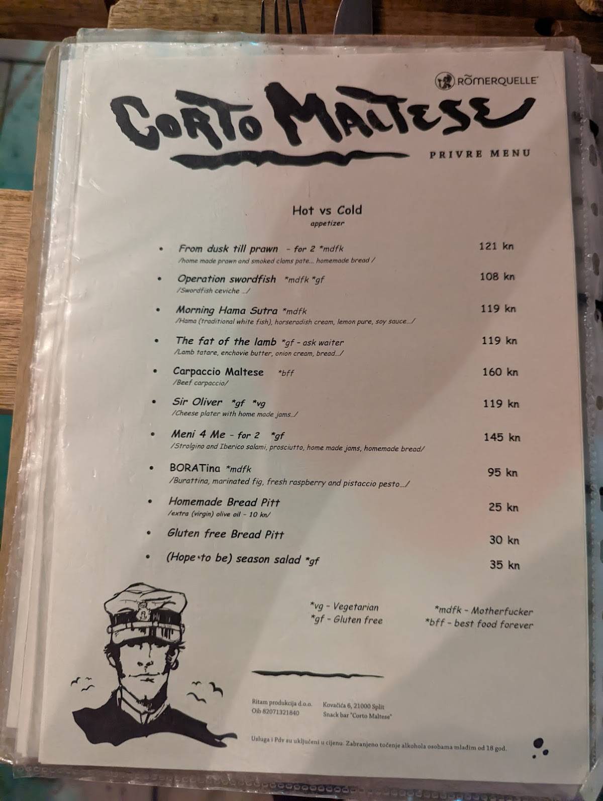Menu at Corto Maltese Freestyle food restaurant, Split, Obrov ul. 7