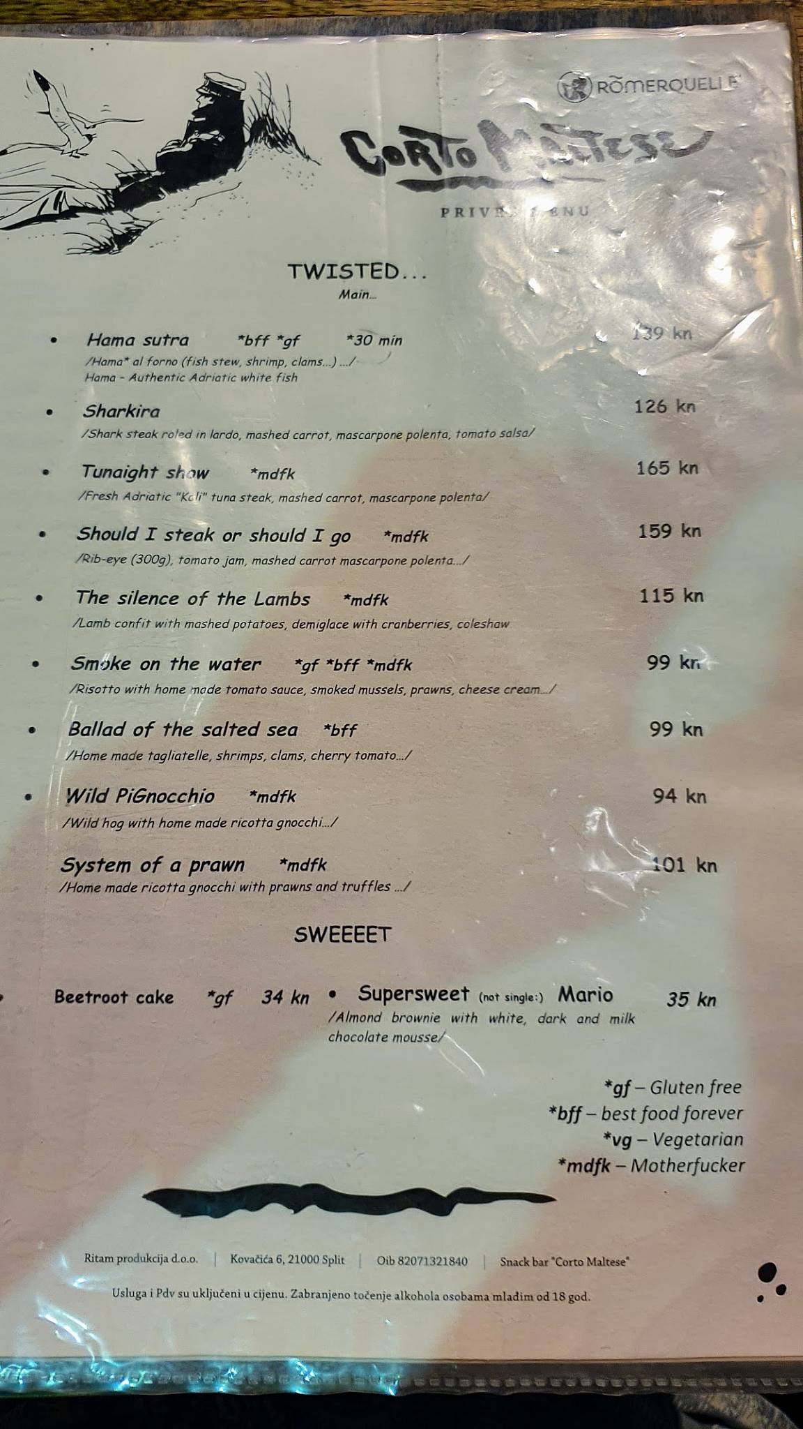 Menu at Corto Maltese Freestyle food restaurant, Split, Obrov ul. 7
