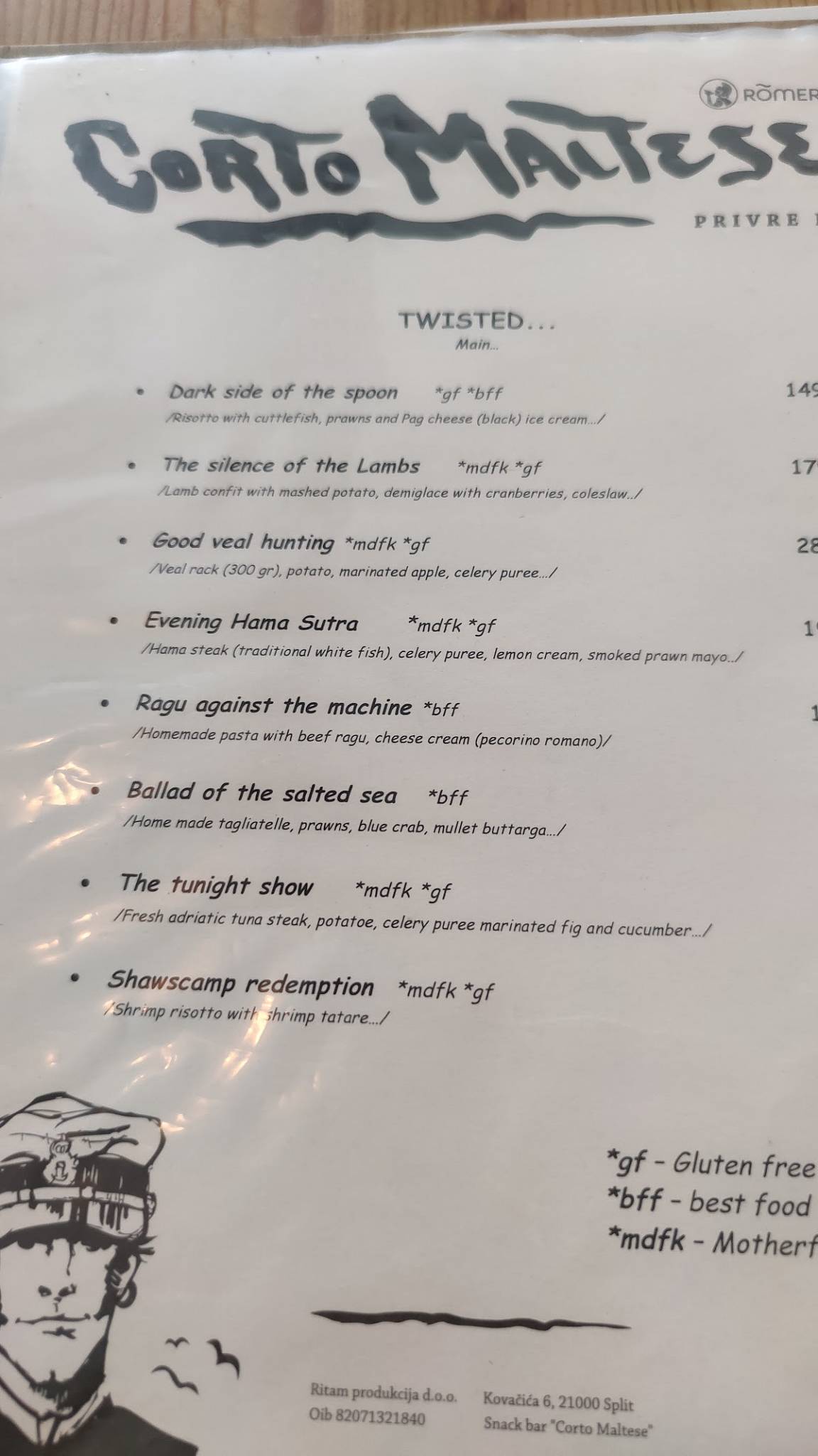 Menu at Corto Maltese Freestyle food restaurant, Split, Obrov ul. 7