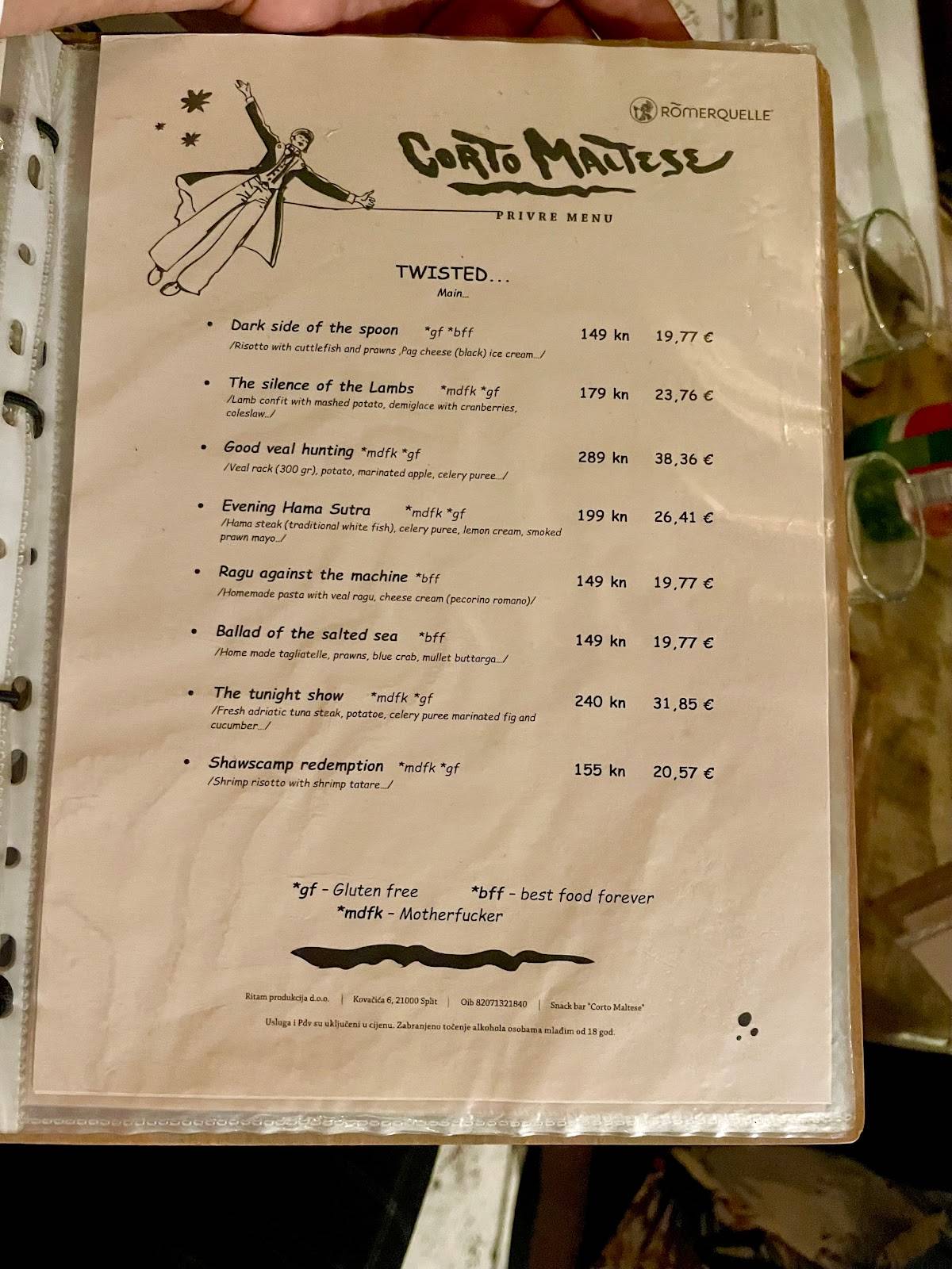 Menu at Corto Maltese Freestyle food restaurant, Split, Obrov ul. 7