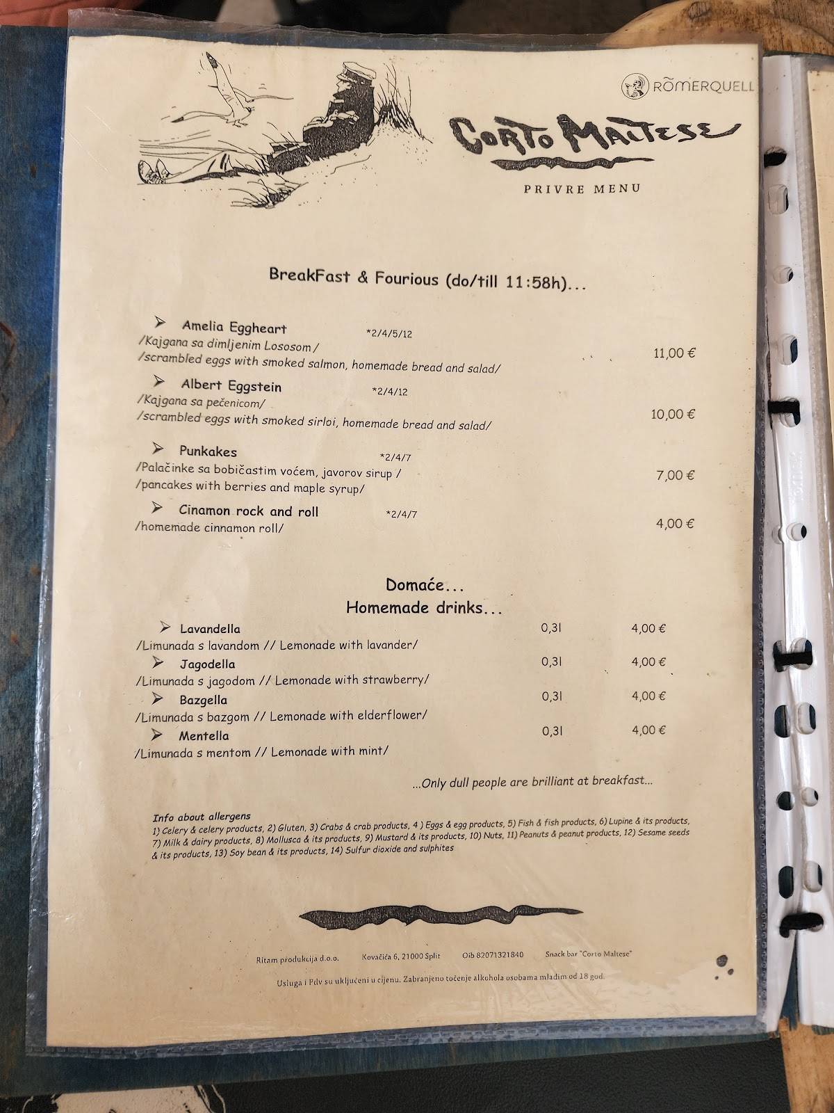 Menu at Corto Maltese Freestyle food restaurant, Split, Obrov ul. 7