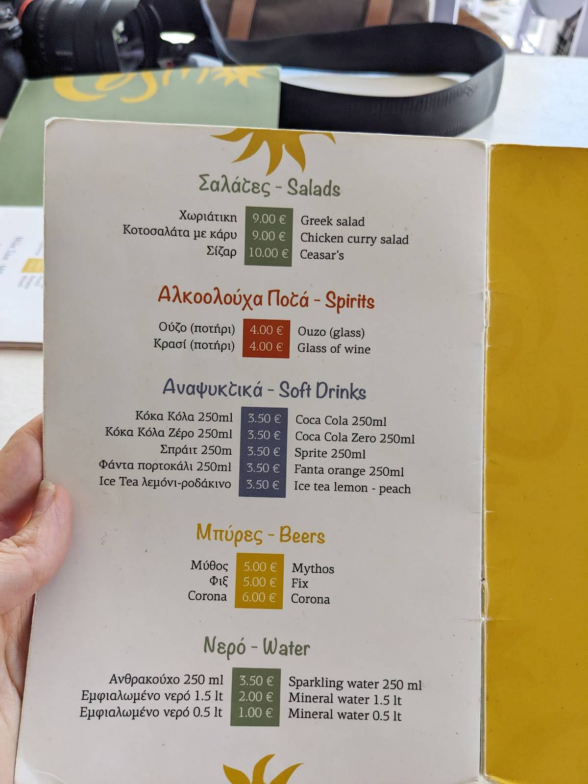 Menu at Cosmo Café, Mikonos