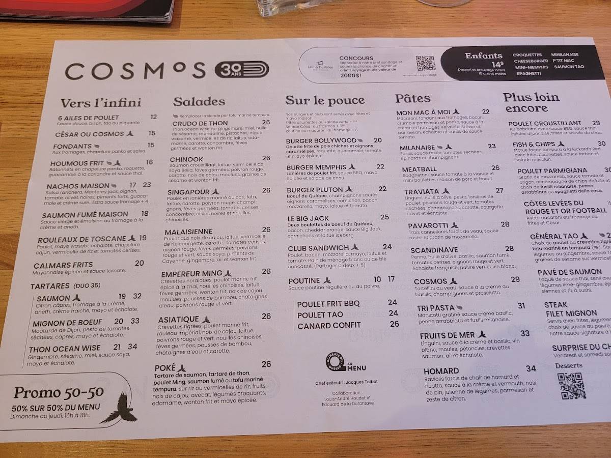 Menu au Cosmos Ste-Foy restaurant, Québec, Bd Laurier