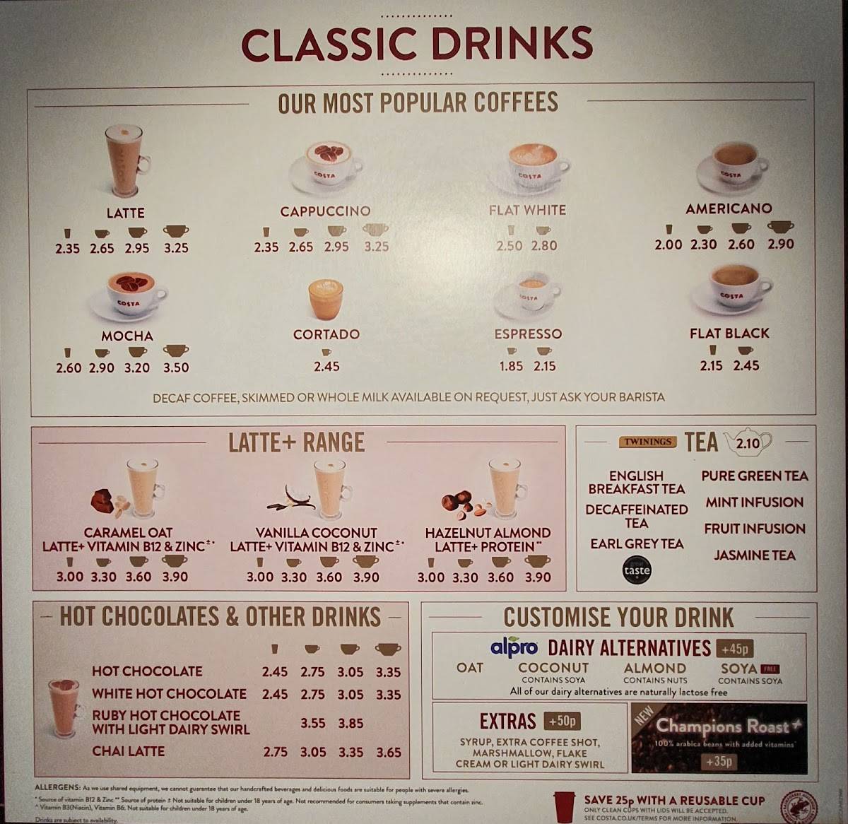 Menu at Costa Coffee, Ipswich, Anglia Retail Park