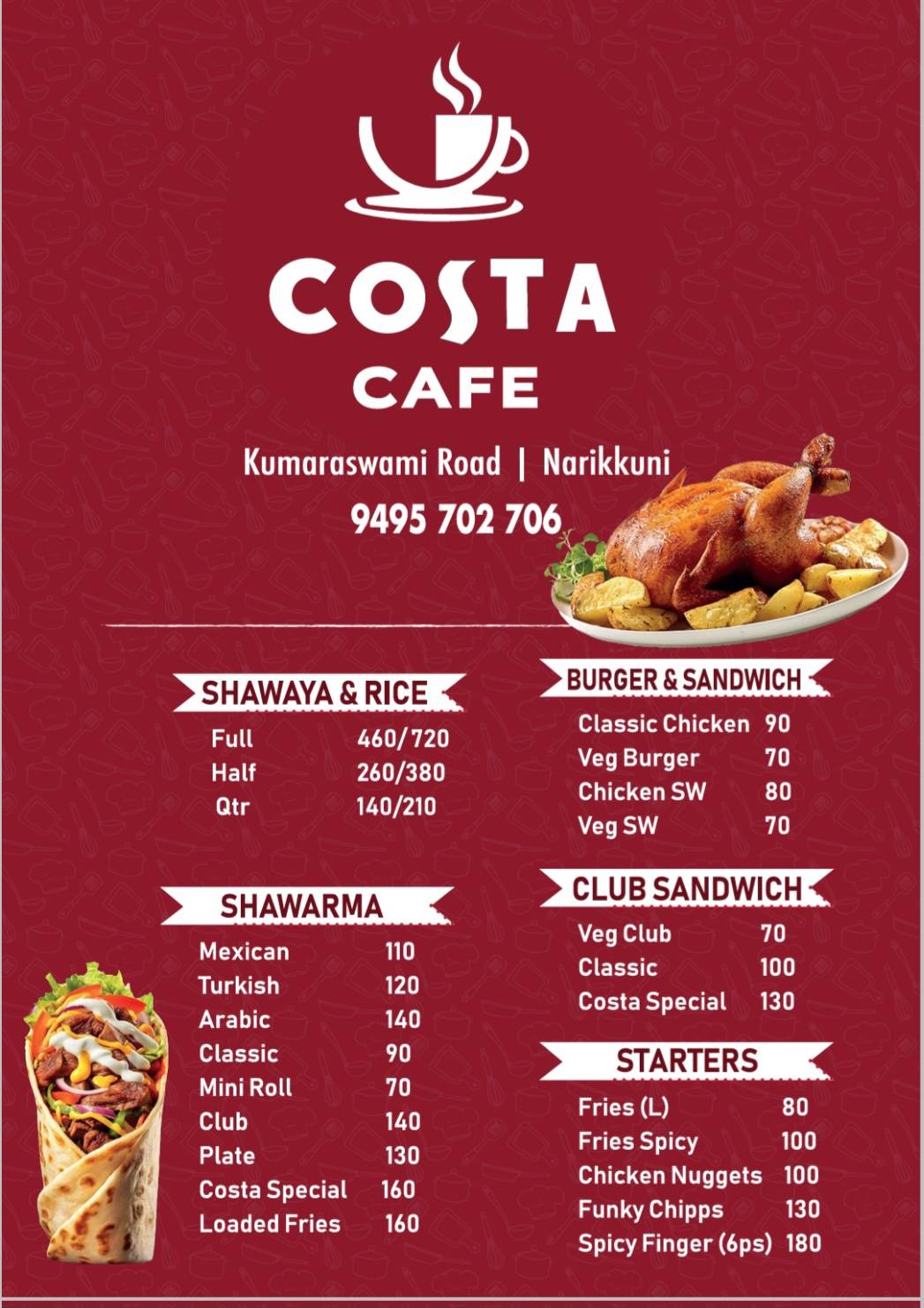 Menu at Costa cafe narikkuni, Narikkuni