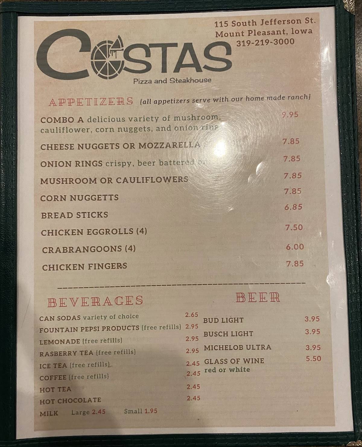 Menu at Costas Pizza & Steakhouse, Mount Pleasant