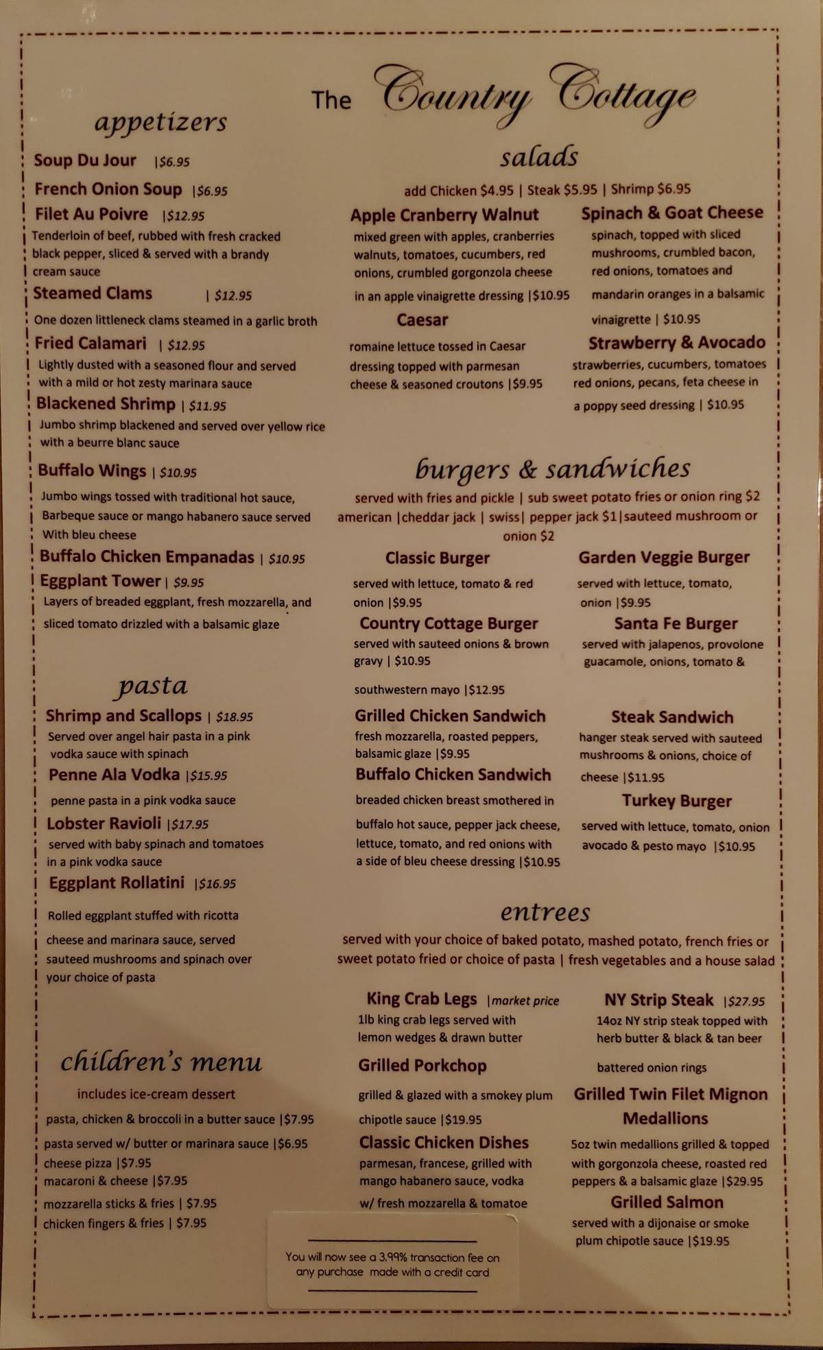 Menu at Country Cottage pub & bar, West Milford