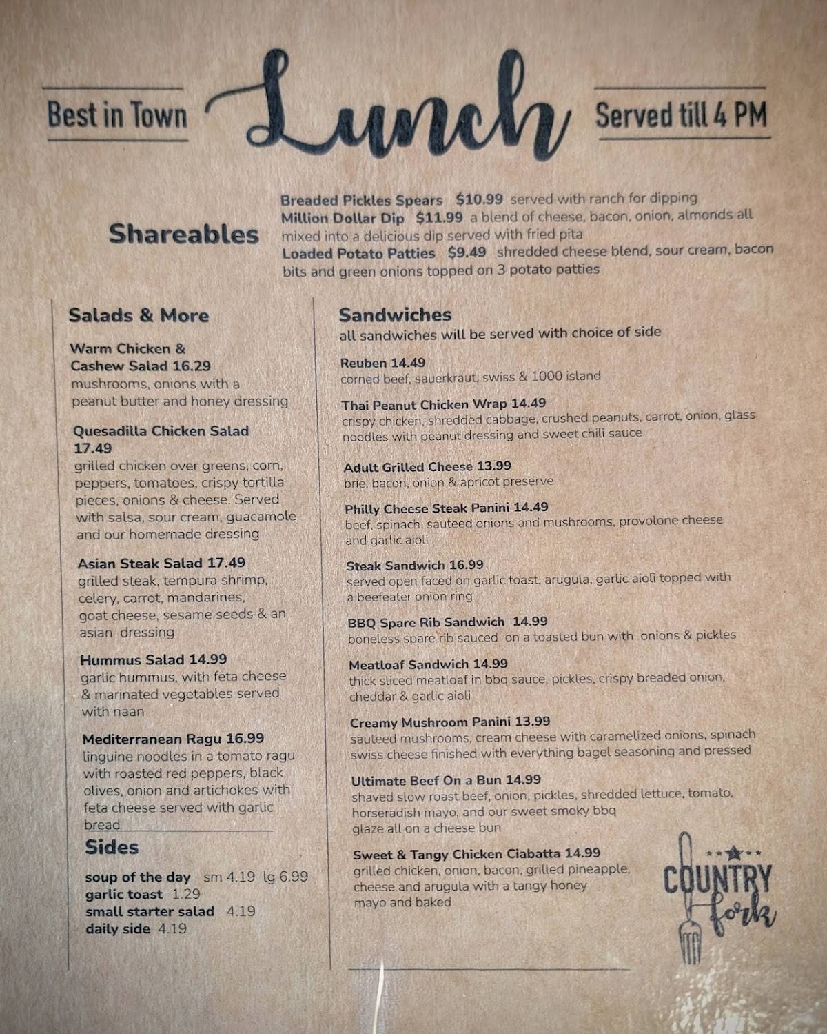 Menu at Country Fork restaurant, Port Rowan