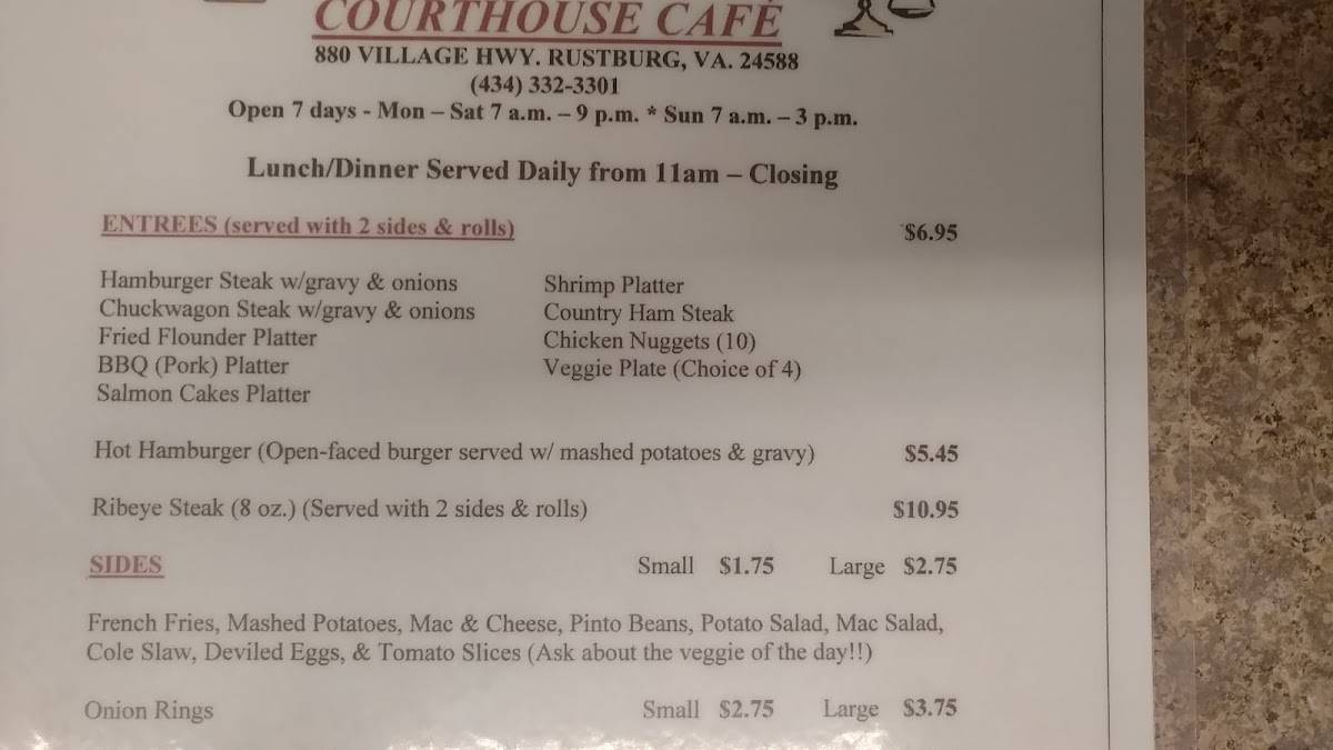 Menu at Courthouse Cafe, Rustburg