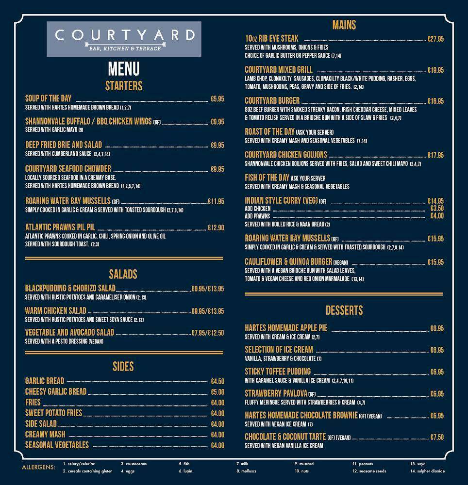 Menu at The Courtyard pub & bar, Clonakilty, Hartes Courtyard