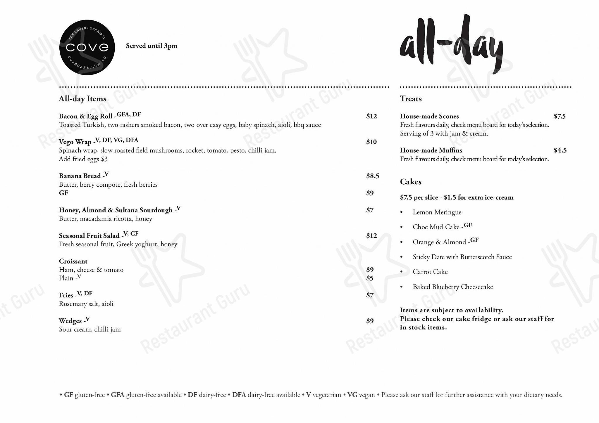 Menu at Cove Cafe, Terrigal
