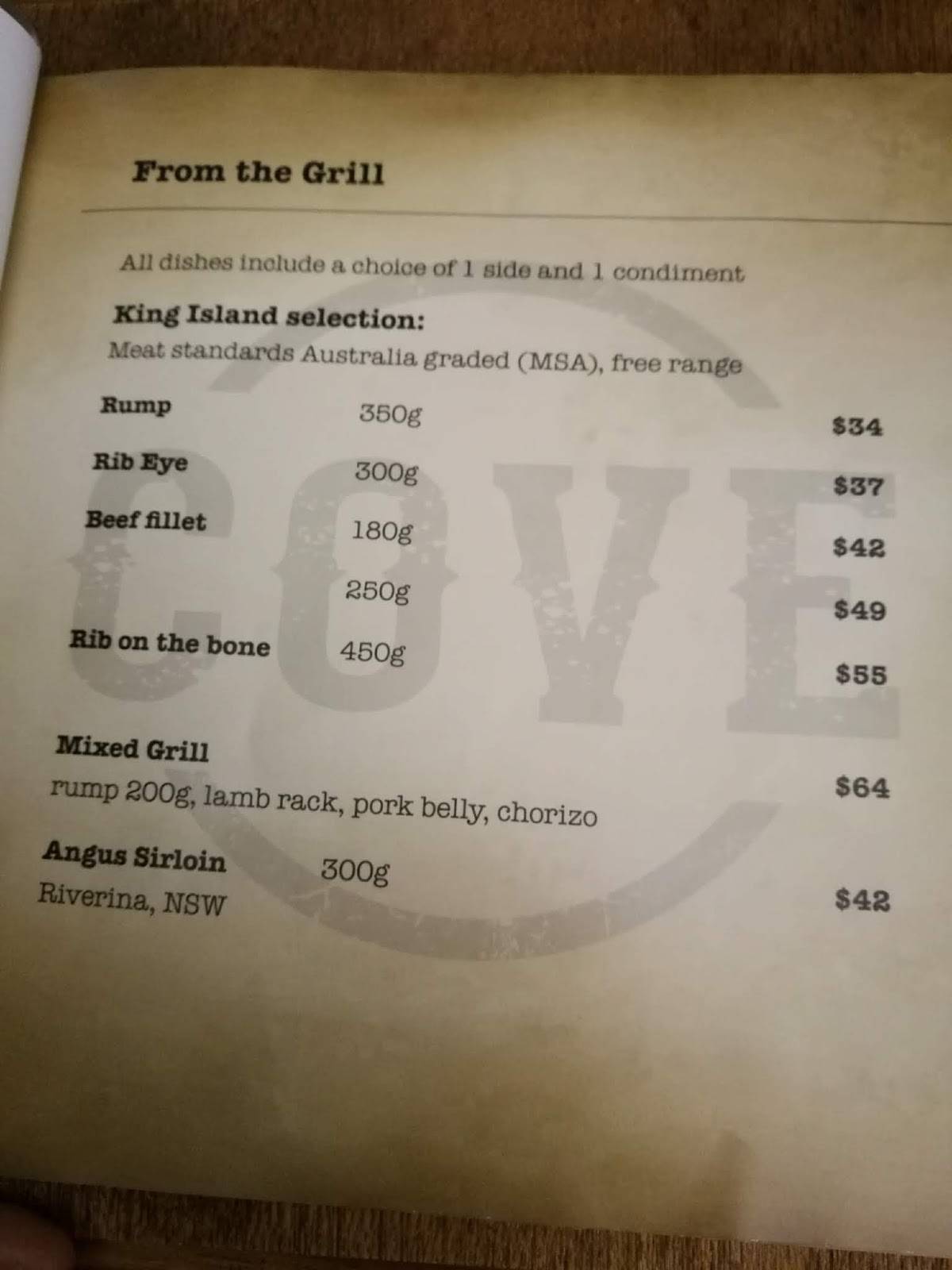 Menu at Cove restaurant, Darwin City, Mindil Beach Casino Resort