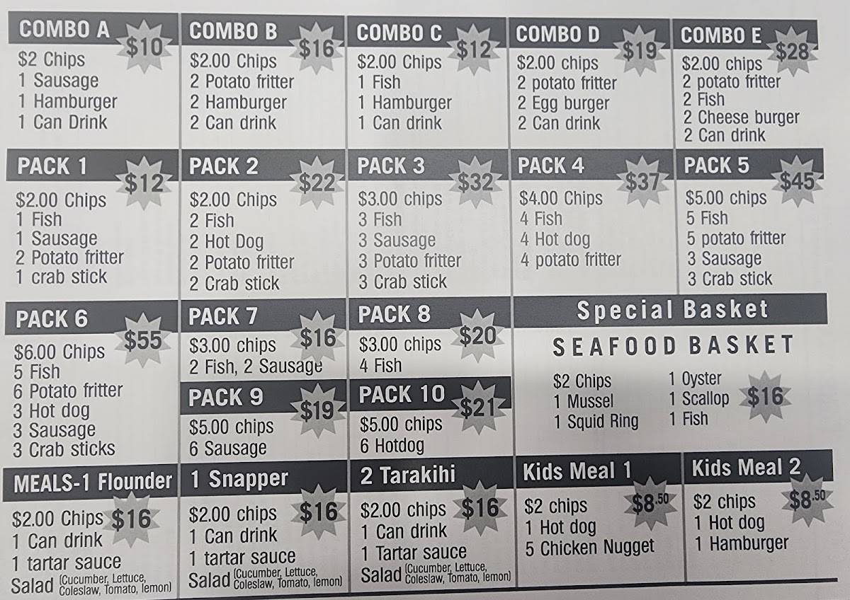 Menu at Coxhead Takeaways fast food, Auckland