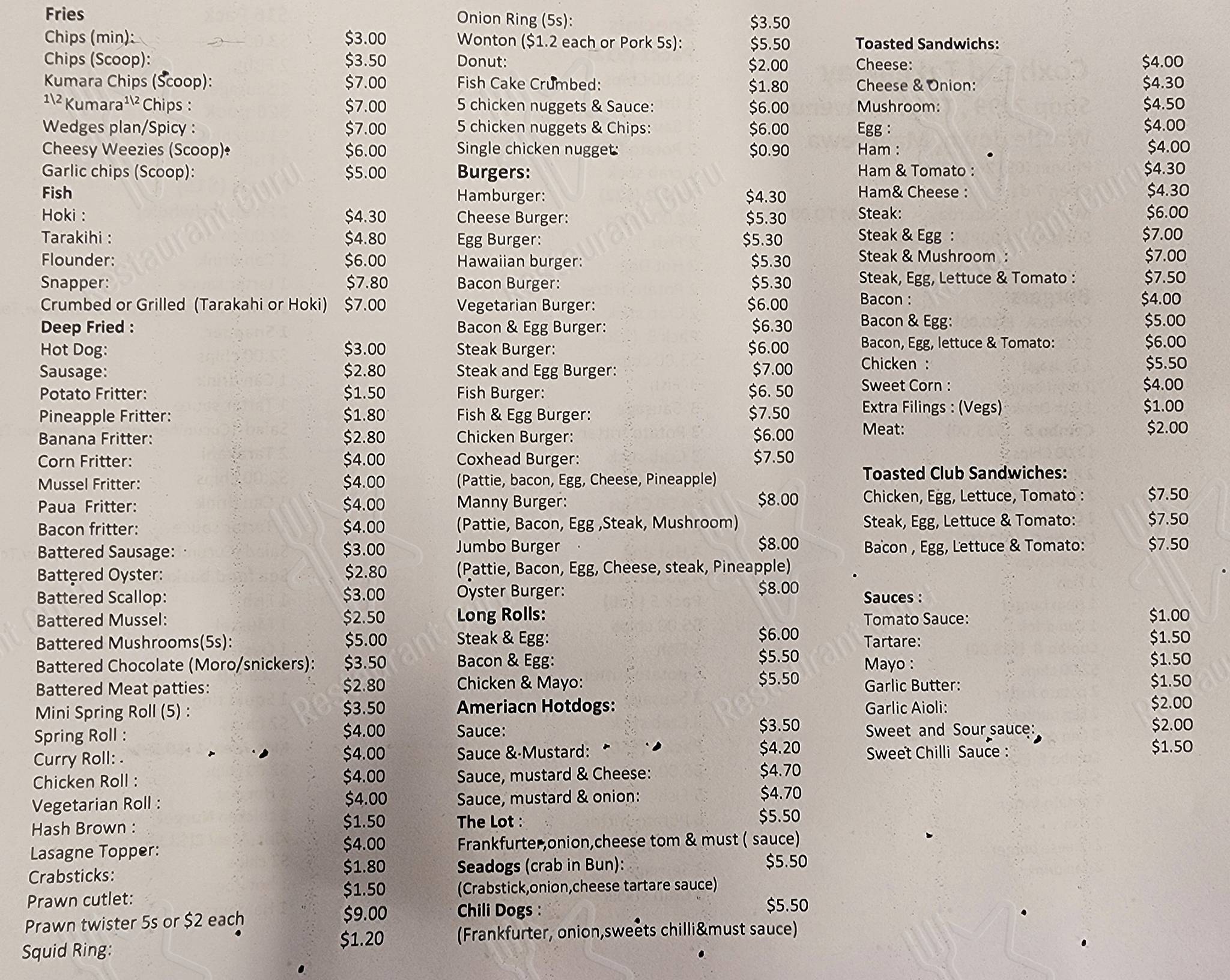 Menu at Coxhead Takeaways fast food, Auckland