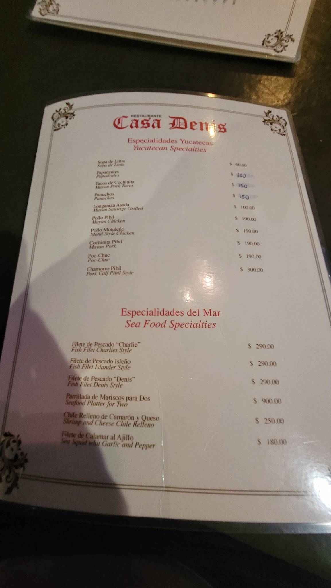 Menu at Casa Denis restaurant, San Miguel de Cozumel, C. 1 Sur No. 132