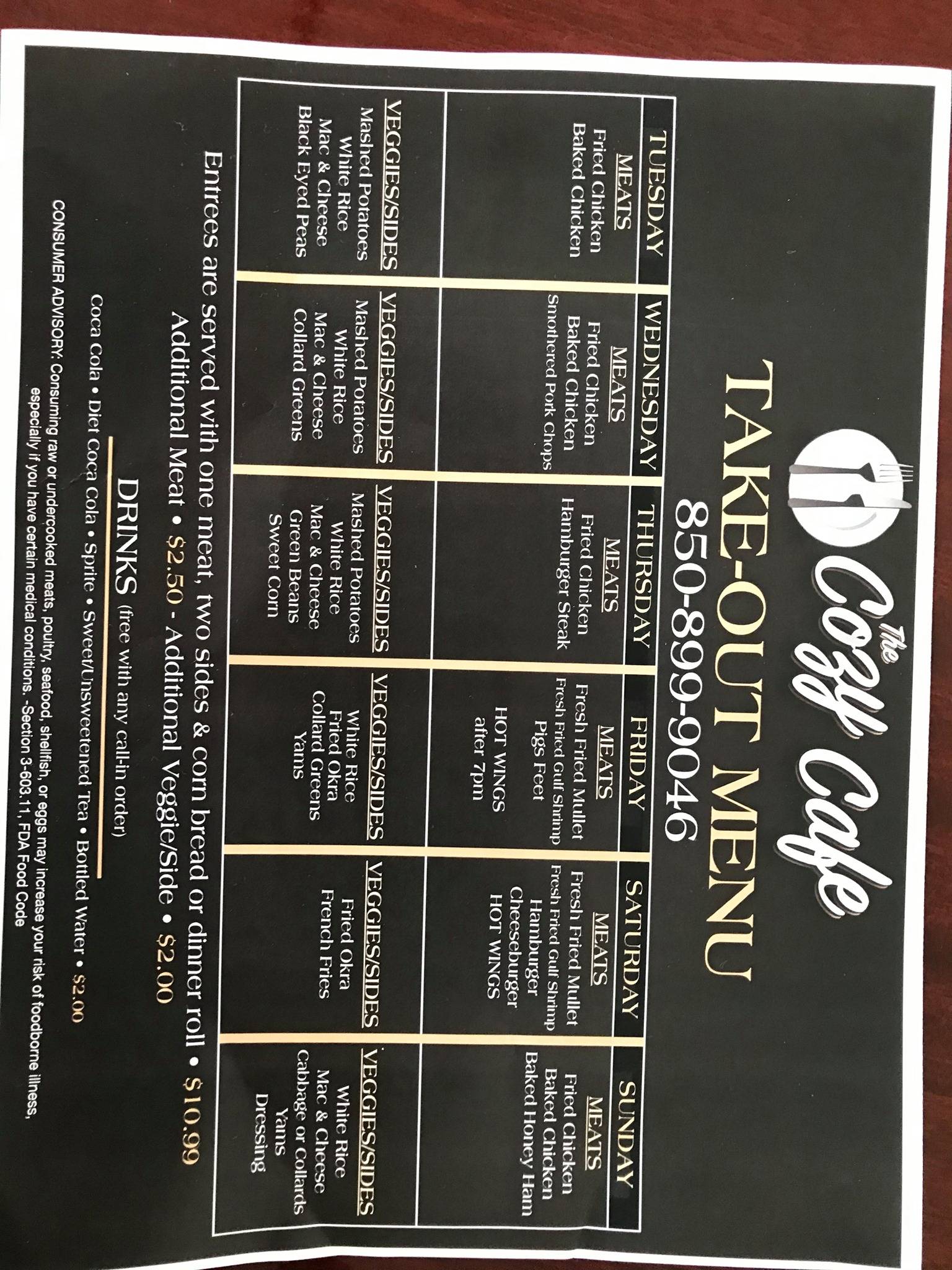 Menu at Cozy Cafe, Port Saint Joe