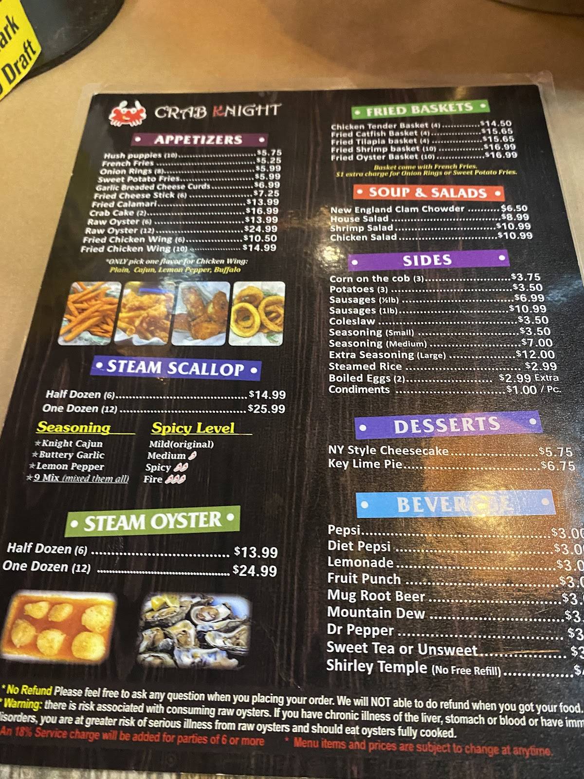 Menu at Crab Knight - International speedway restaurant, Daytona Beach