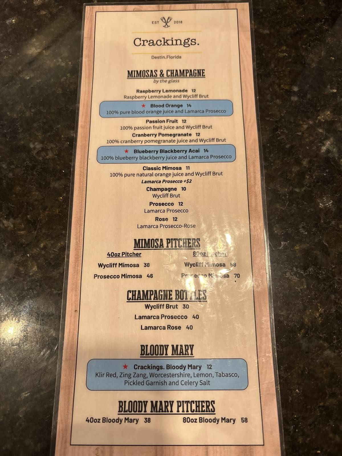 Menu at Crackings. - Destin restaurant, Destin