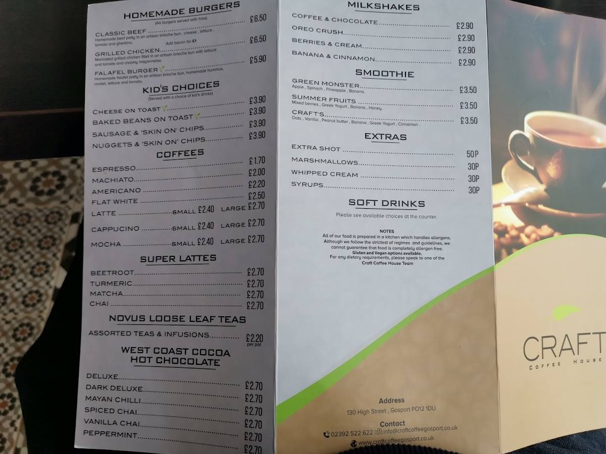 Menu at Craft Coffee House, Gosport