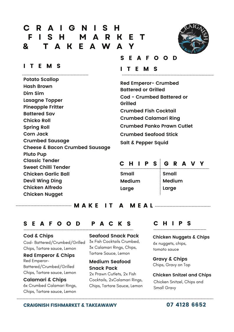 Menu at Craignish Fish Market & Takeaway restaurant, Craignish