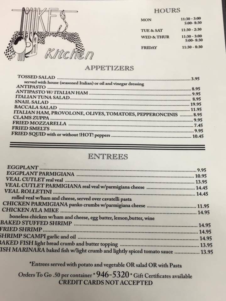 Menu at Mike's Kitchen restaurant, Cranston