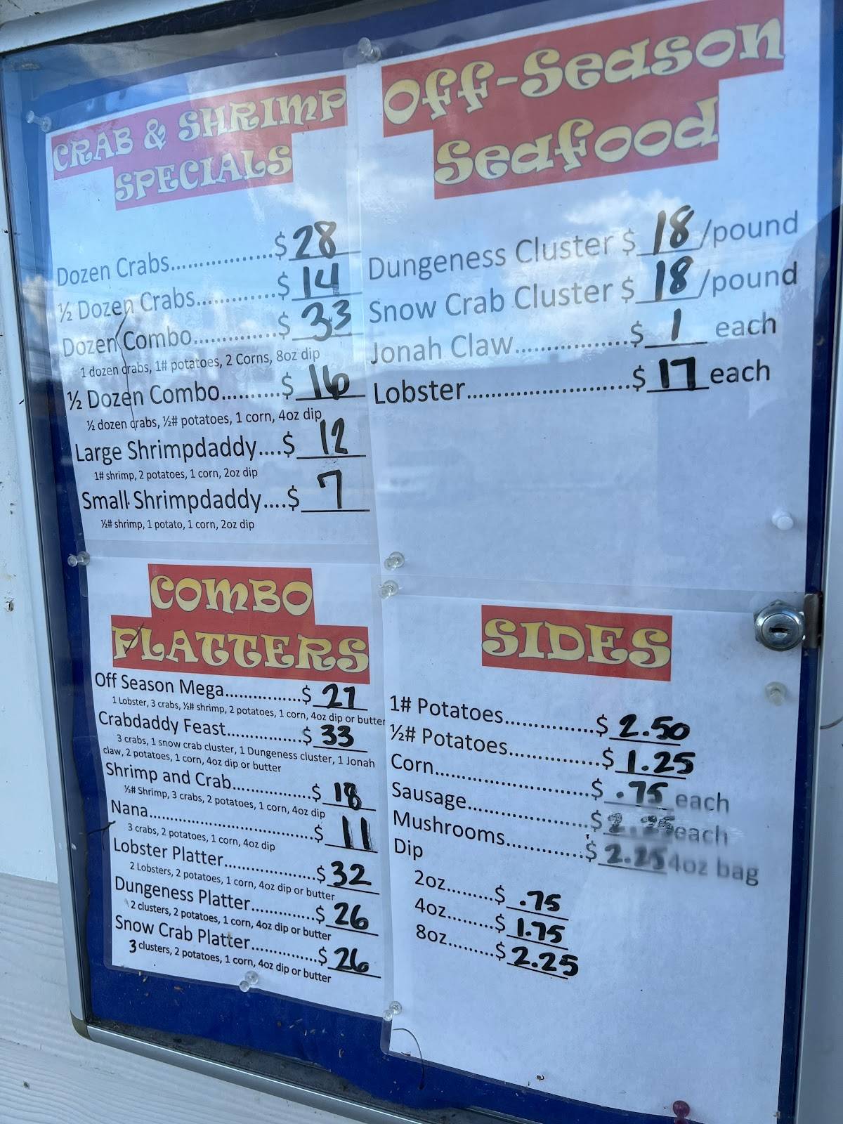 Menu at Crawdaddy's Seafood restaurant, Thibodaux