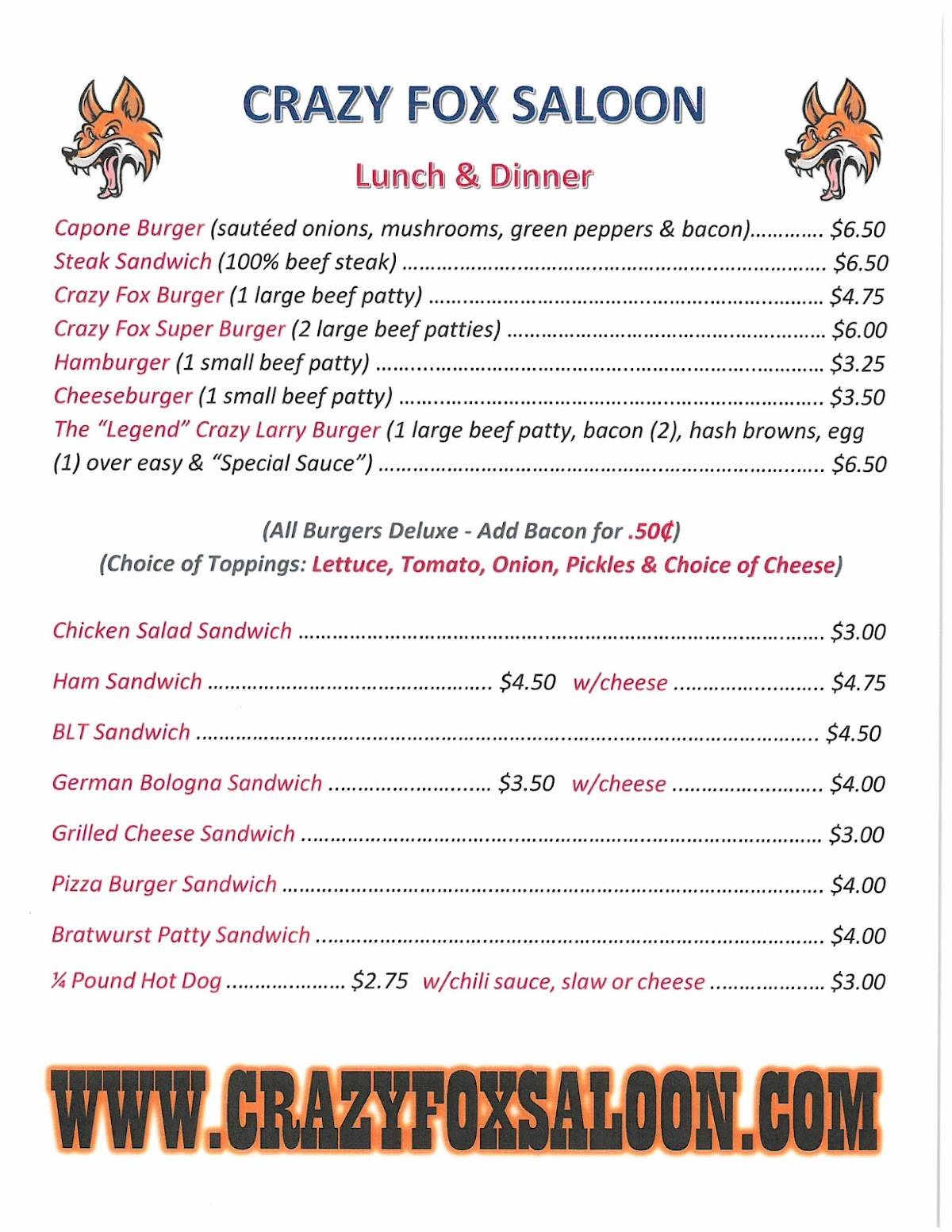 Menu at Crazy Fox Saloon pub & bar, Bucyrus