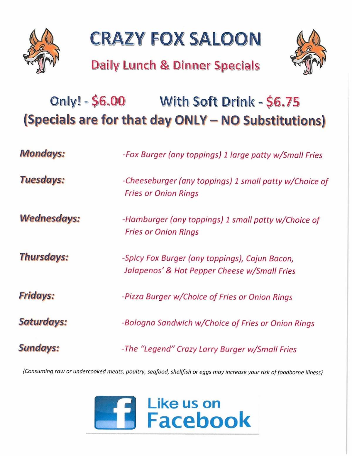 Menu at Crazy Fox Saloon pub & bar, Bucyrus