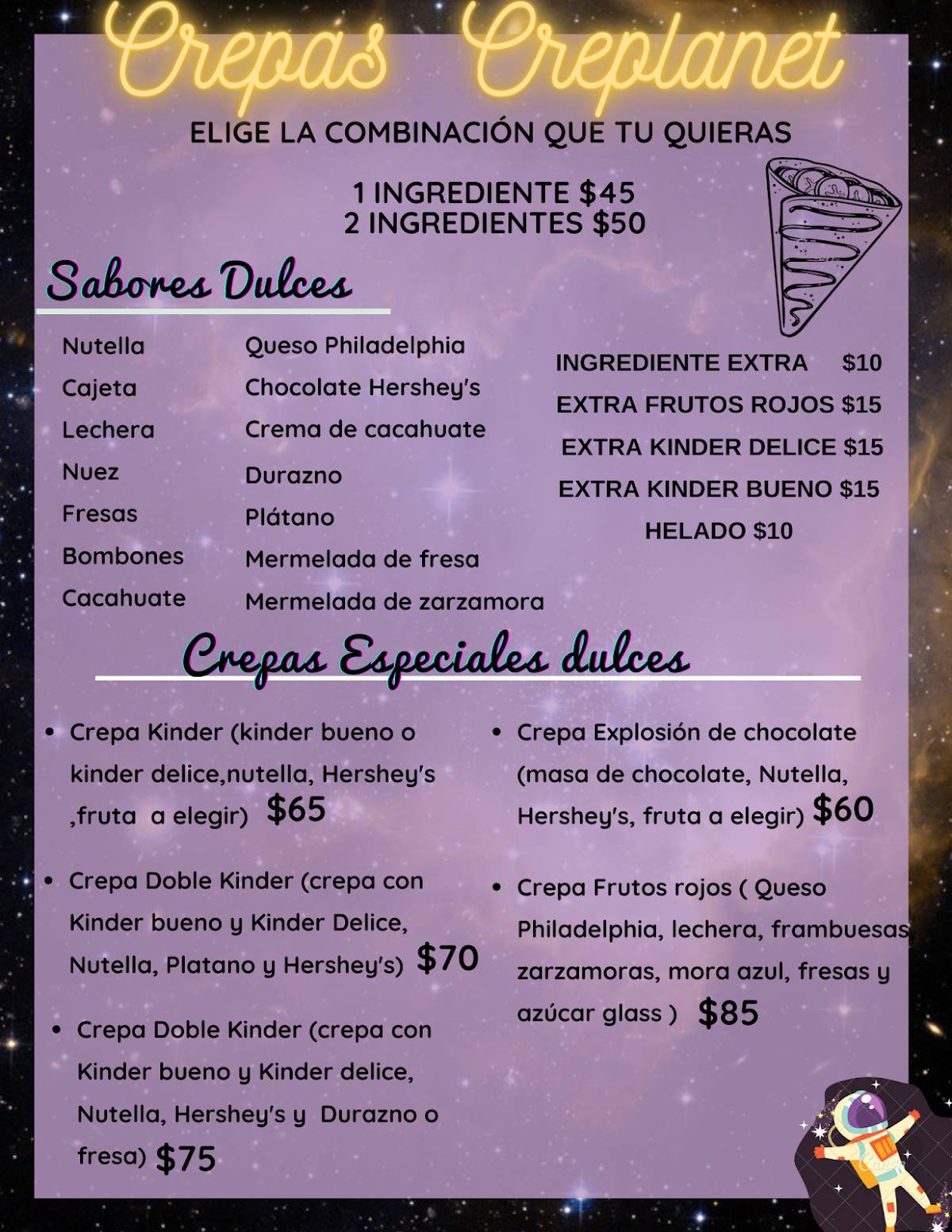 Carta de cafetería Crepas Creplanet, Ciudad de México