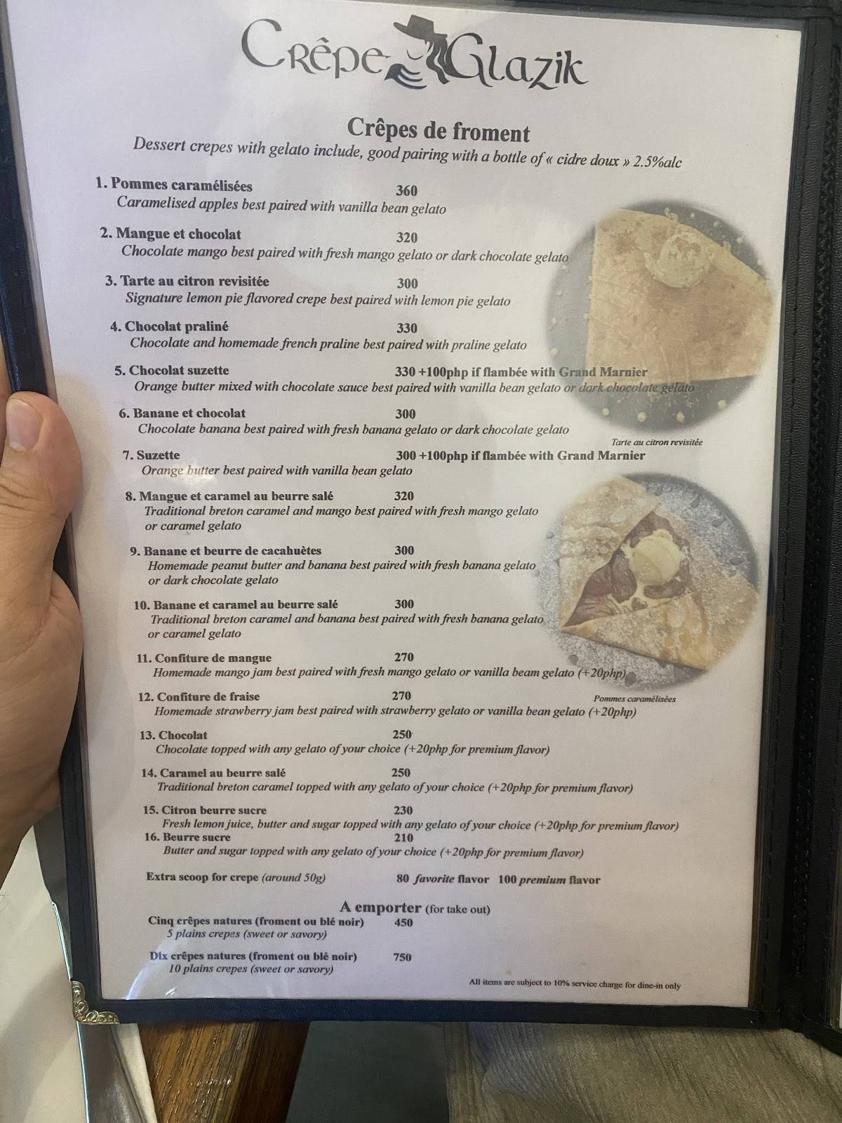 Menu at Crêpe Glazik restaurant, Makati