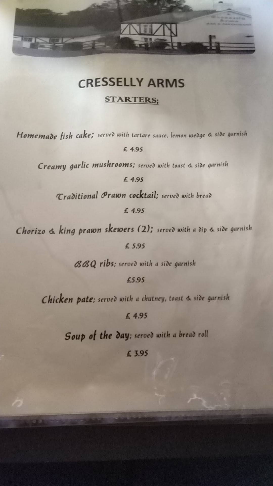 Menu at Cresselly Arms pub & bar, England, Pont-ar-gothi