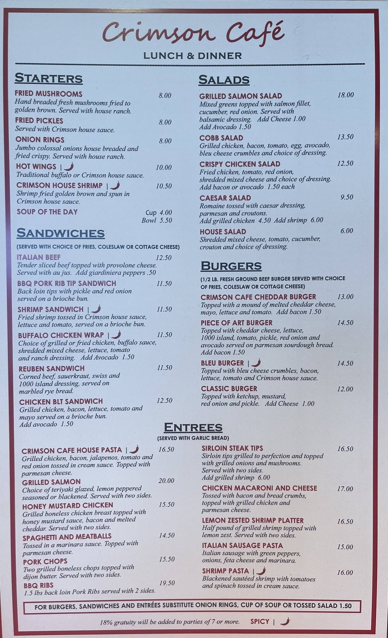 Menu at Crimson Cafe, Saint Joseph