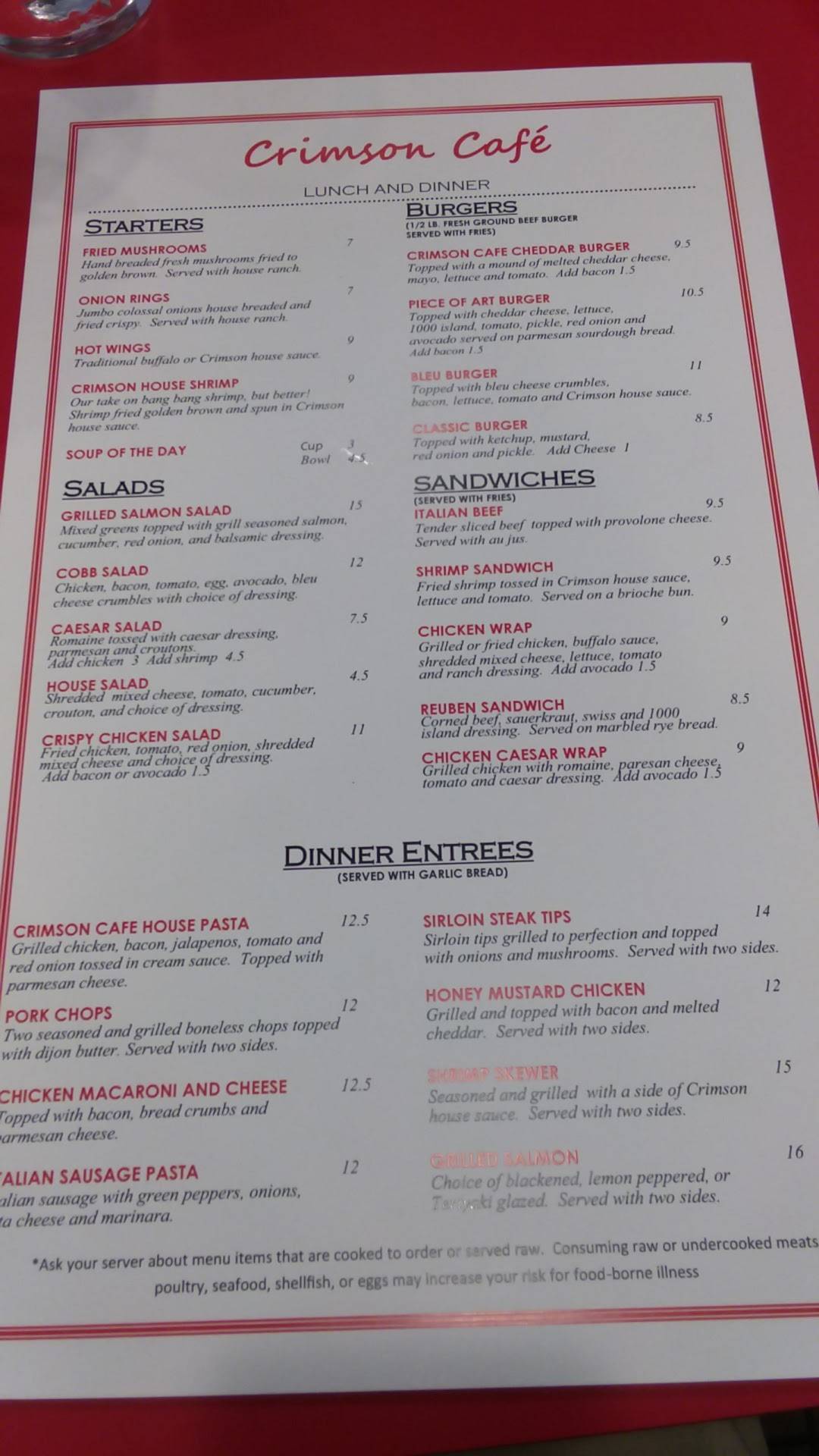 Menu at Crimson Cafe, Saint Joseph