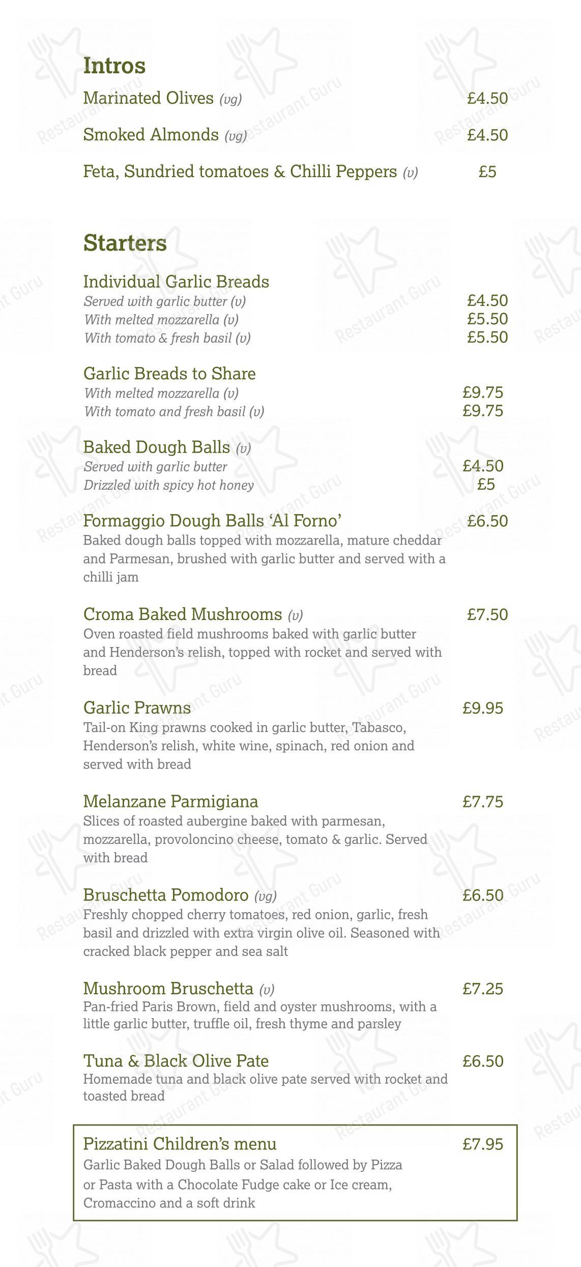 Menu at Croma Prestwich restaurant, Manchester, 30 Longfield Centre