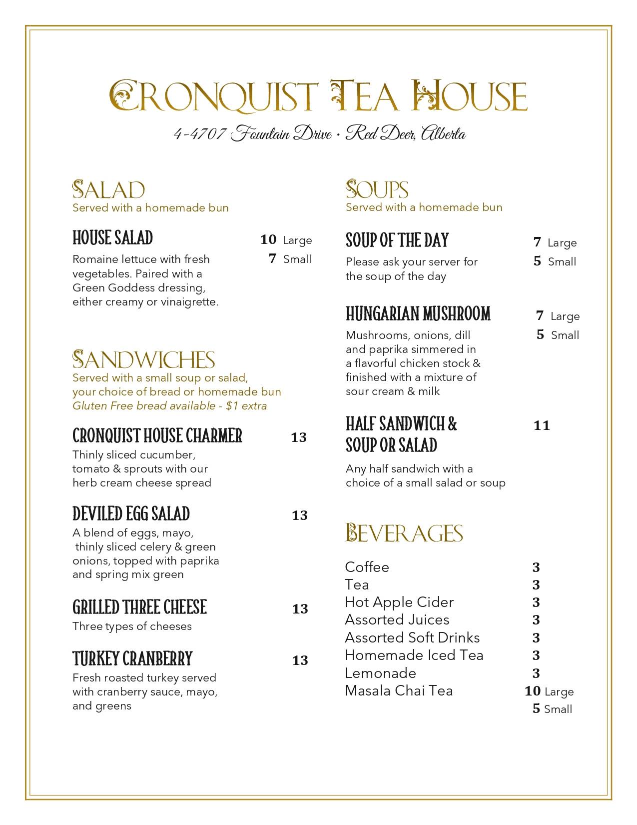 Menu at Cronquist House cafe, Red Deer
