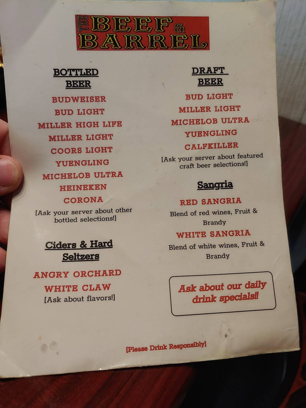 Menu at The Beef and Barrel Restaurant & Lounge, Crossville, West Ave