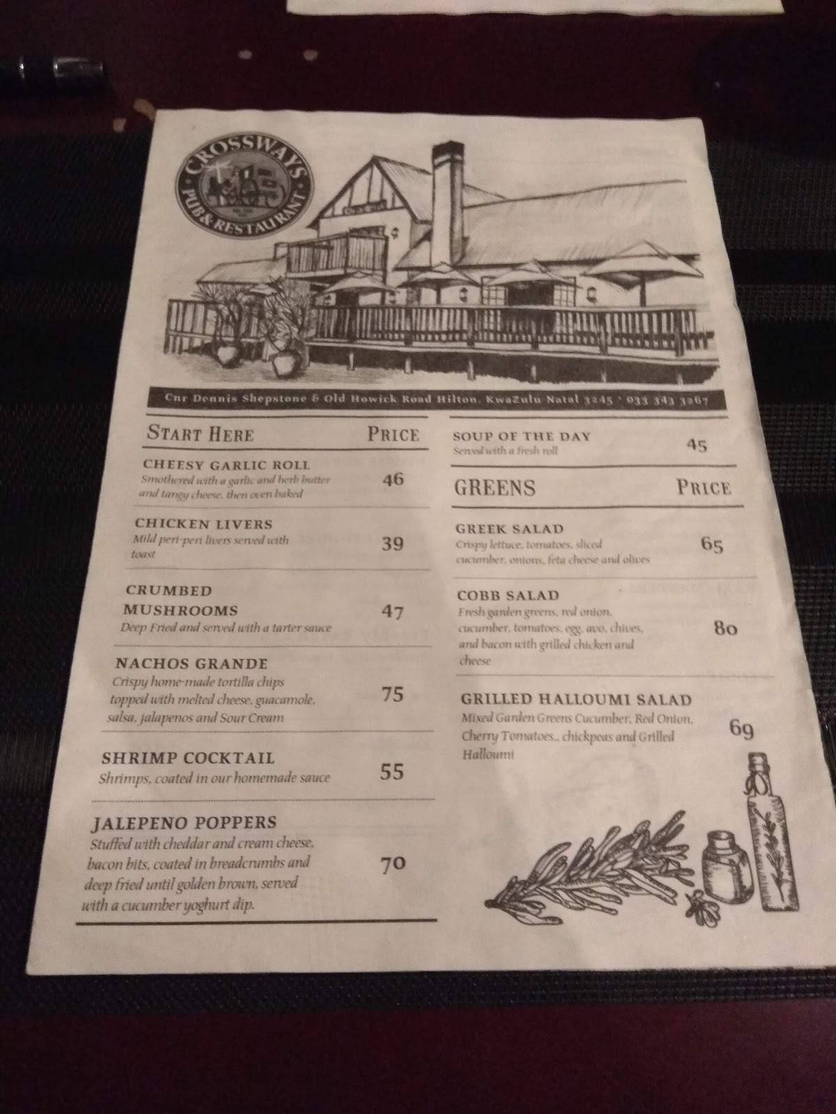Menu at Crossways Pub & Restaurant, Hilton, Cnr Dennis Shepstone & Old ...