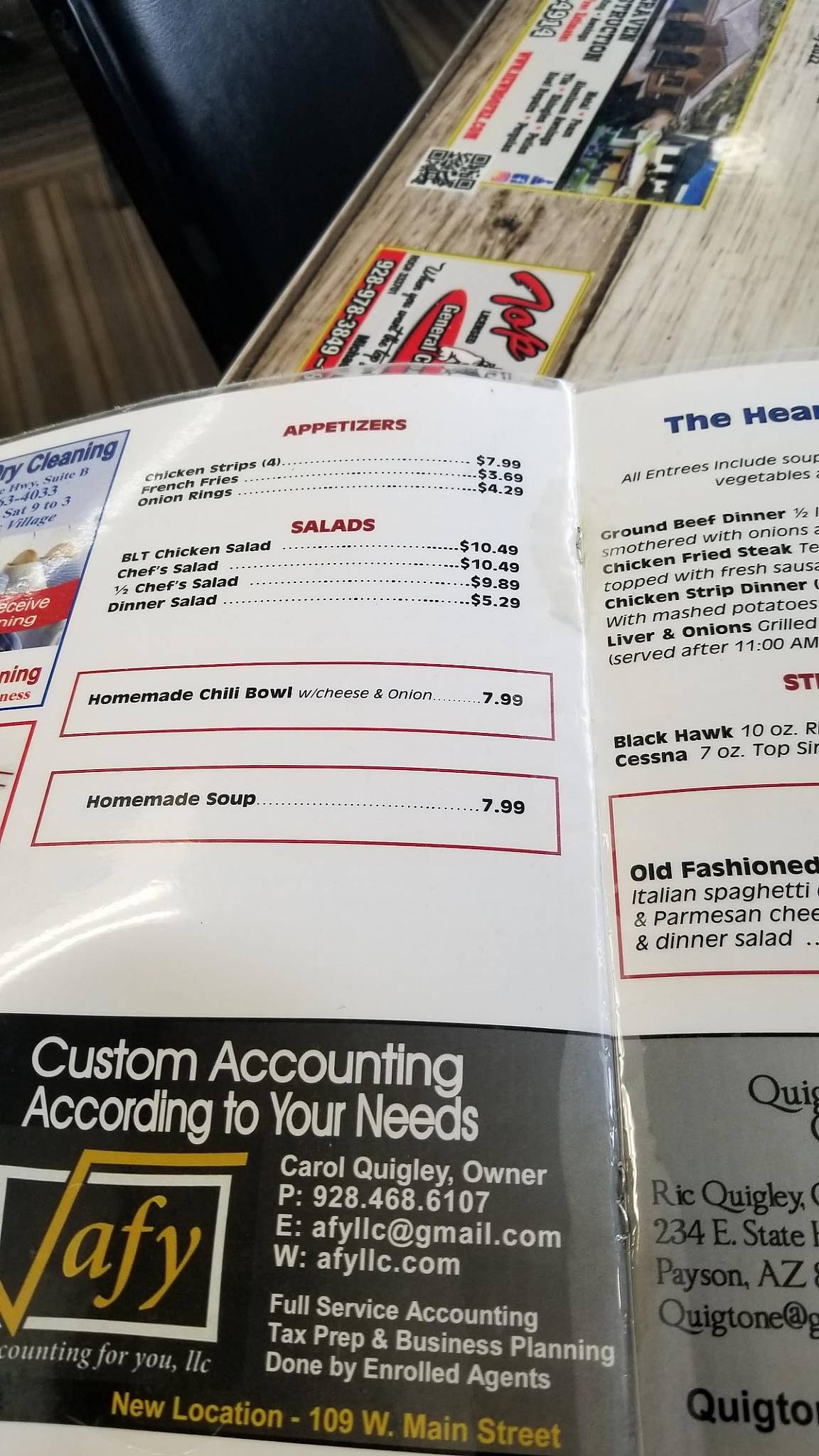 Menu at Crosswinds Restaurant, Payson
